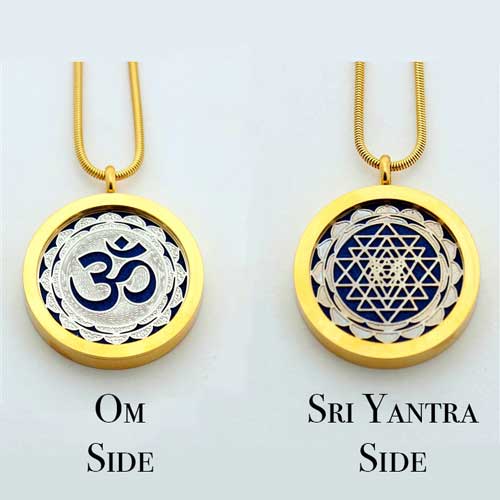 Sri Yantra / OM double-sided Aromatherapy Pendant, Gold-Plated outer w ...